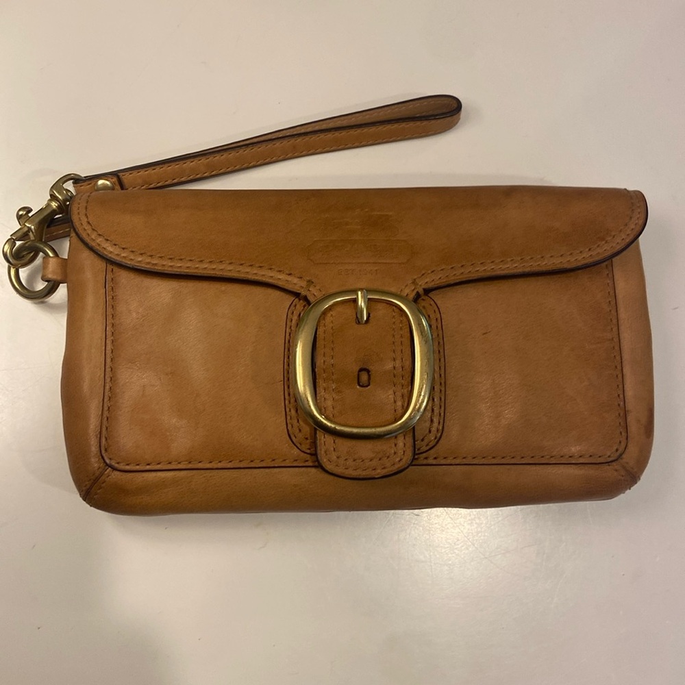 Vintage Coach Bleecker Tan Leather Buckle Flap Wristl… - Gem